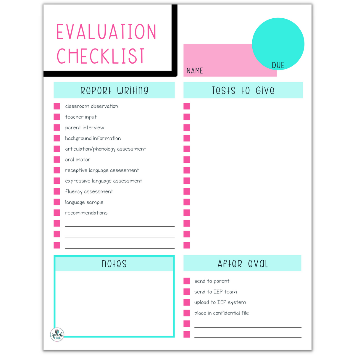 "Evaluation Checklist" SLP Planning Notepad – Speech Cube