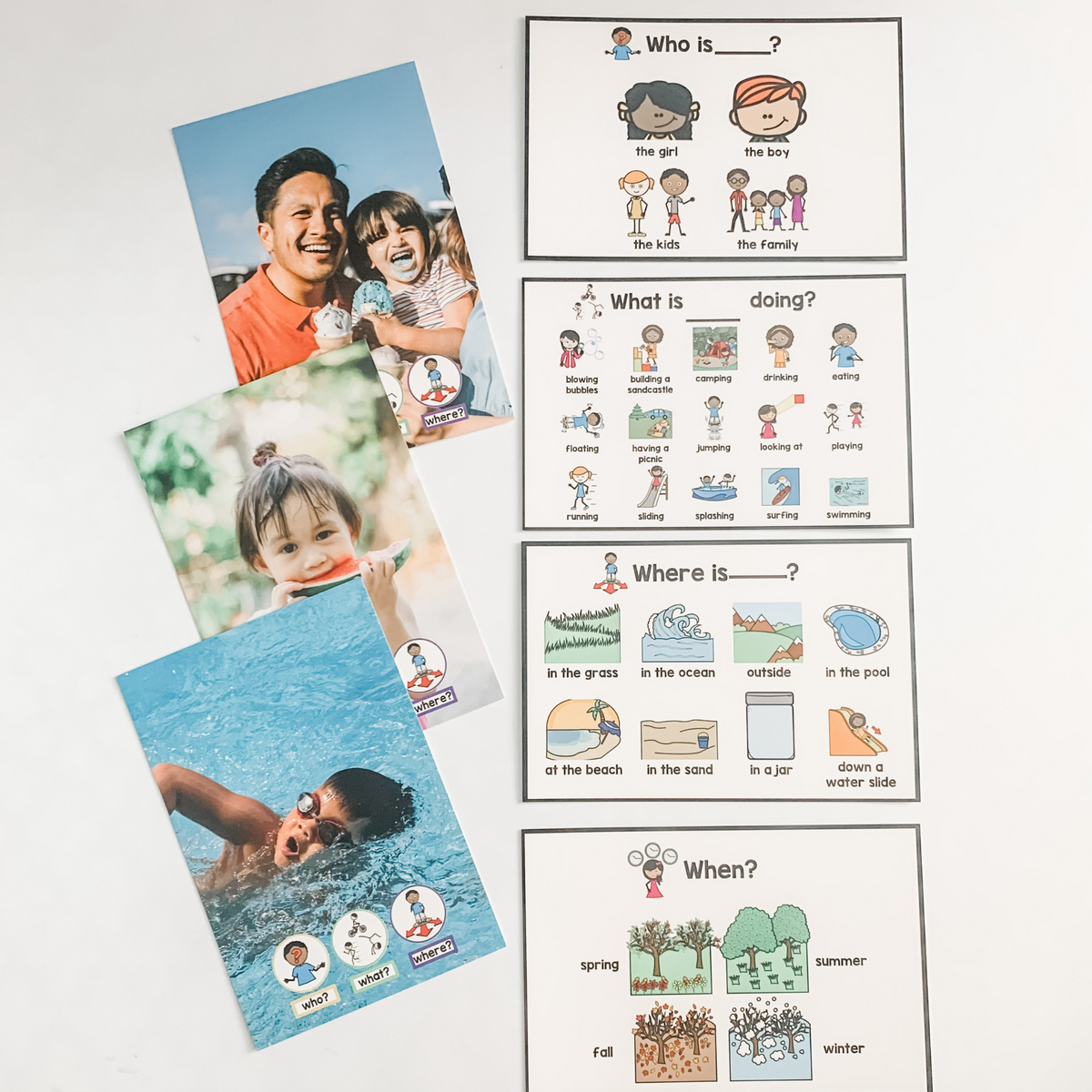 Summer Actions Photo Cards with WH-Question Prompts – Speech Cube